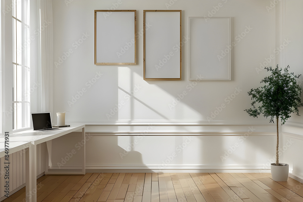 A modern home simple interior design with empty frames on the wall ...