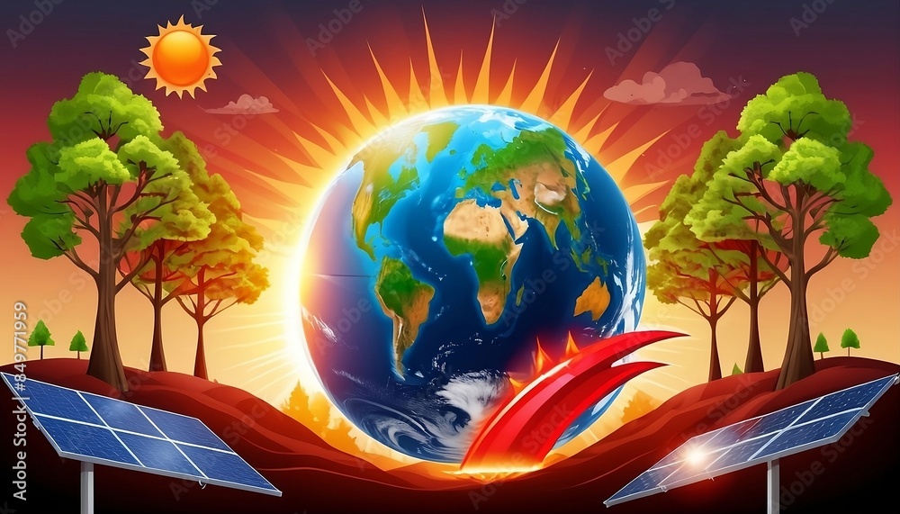 Global warming increase temperature earth with red thermometer, sun ...