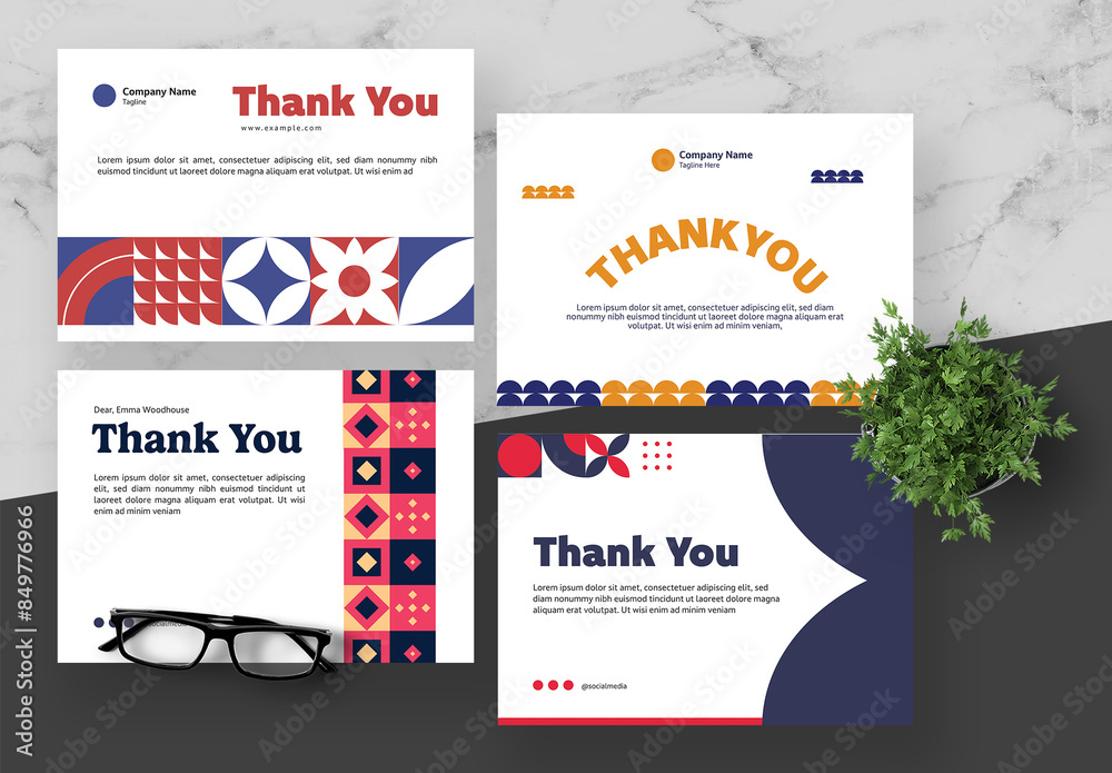 Red And Blue Geometric Thank You Card Stock Template | Adobe Stock