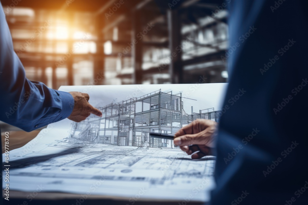 Engineers holding a blueprint over the construction building diagram ...