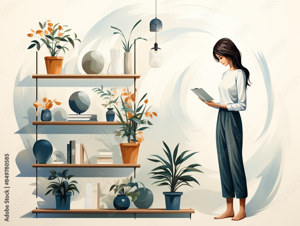 A woman hanging a mirror in her hallway, adjusting it to the perfect ...