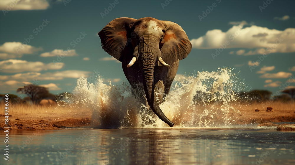 Majestic Elephant Charging Through Water in African Savanna, Grand ...