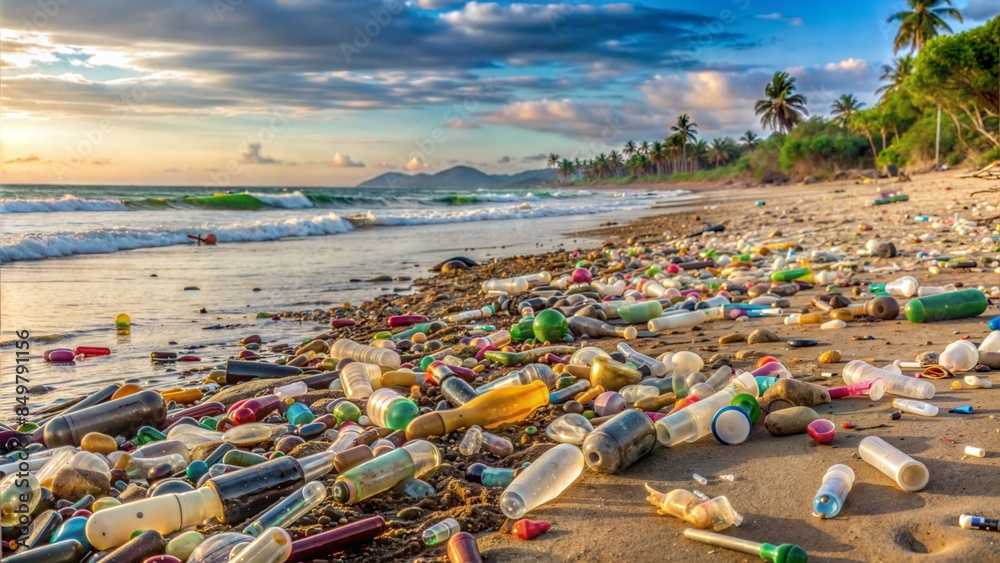 Polluted beach with scattered plastic bottles and debris highlighting ...