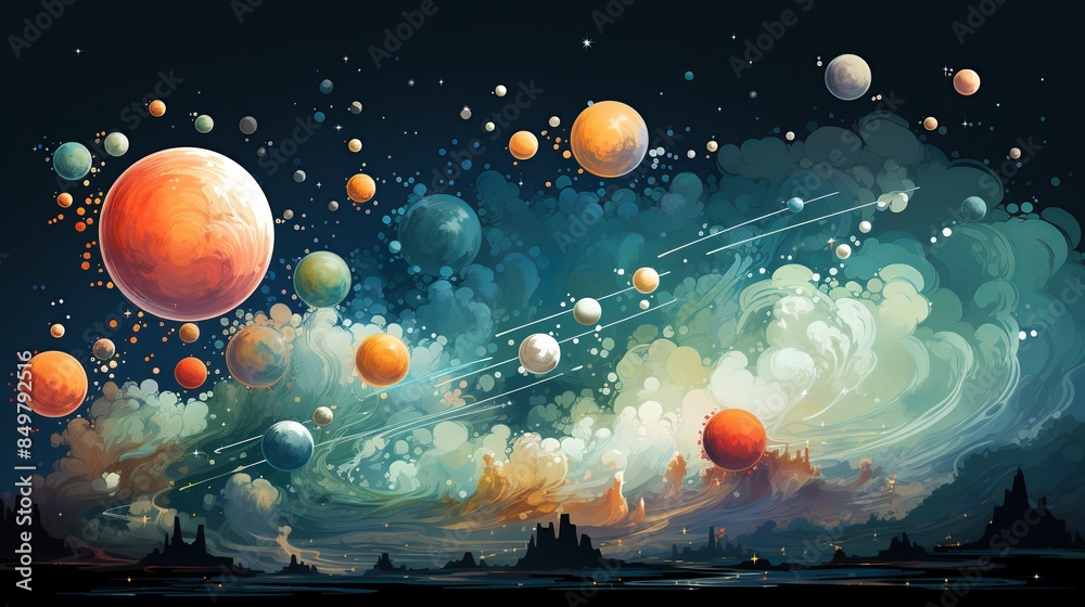 The formation of planetary atmospheres, depicted with swirling clouds ...