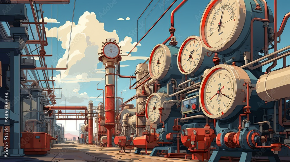 Gauges and meters measuring pressure and temperature in a refinery ...