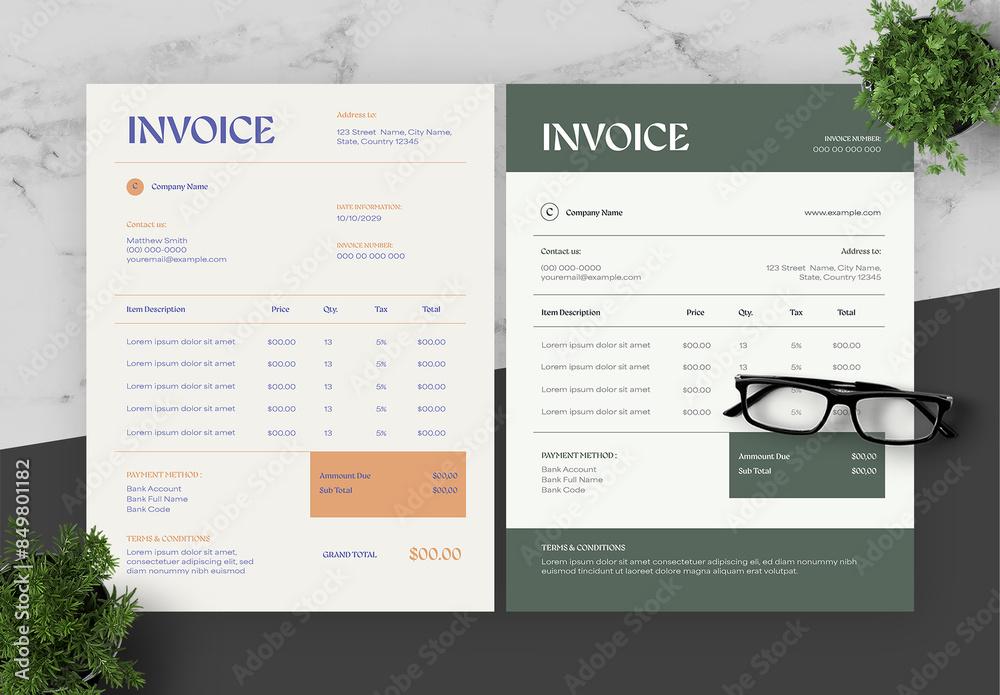Blue And Green Business Invoice Stock Template | Adobe Stock