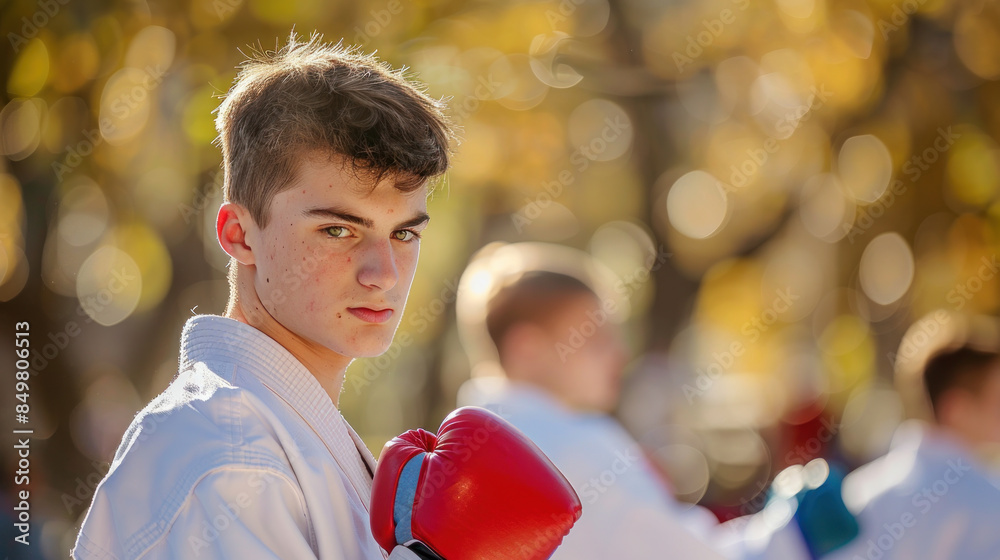 Teenage Martial Artist in Karate Uniform Holding Red Boxing Gloves ...