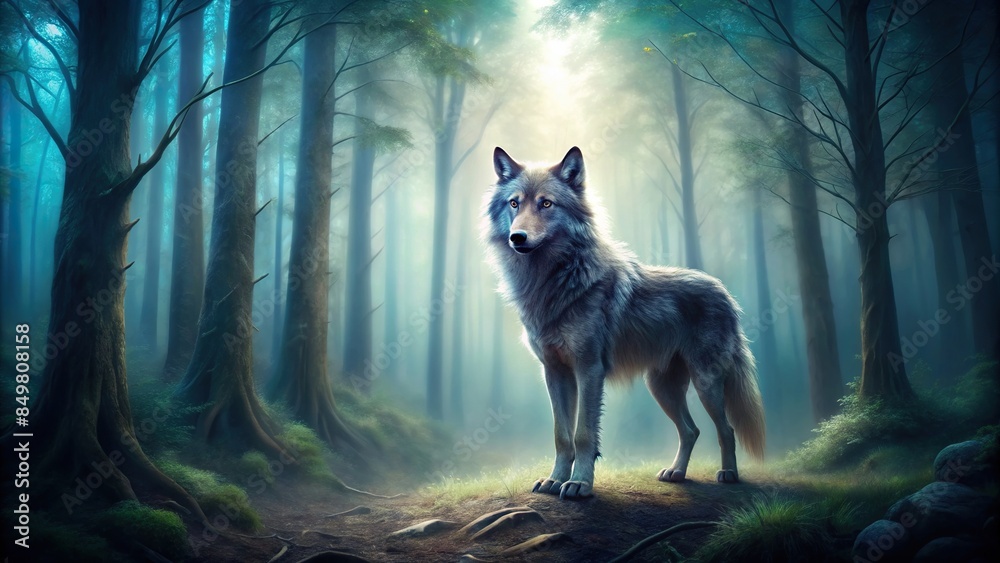 Mystic wolf guardian standing in a mysterious forest , mystical, wolf ...