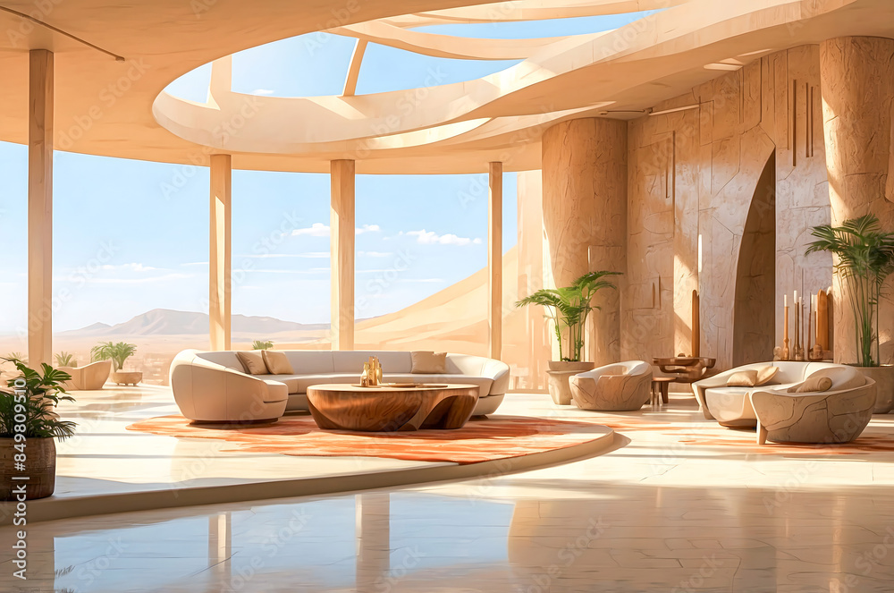 Lobby interior of a modern North African luxury hotel in sand and sky ...