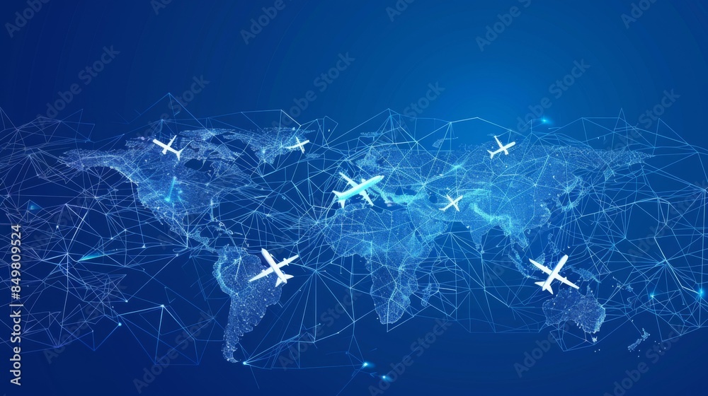 Digital blue world map with glowing connections and airplane icons ...