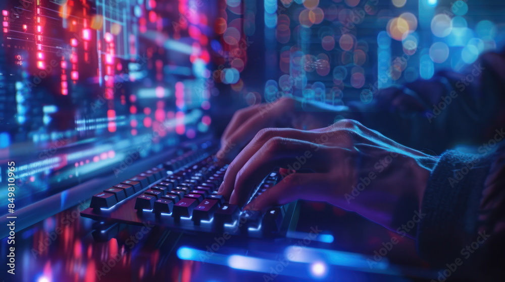 Hacker tapping computer keyboard, hologram data graph background ...