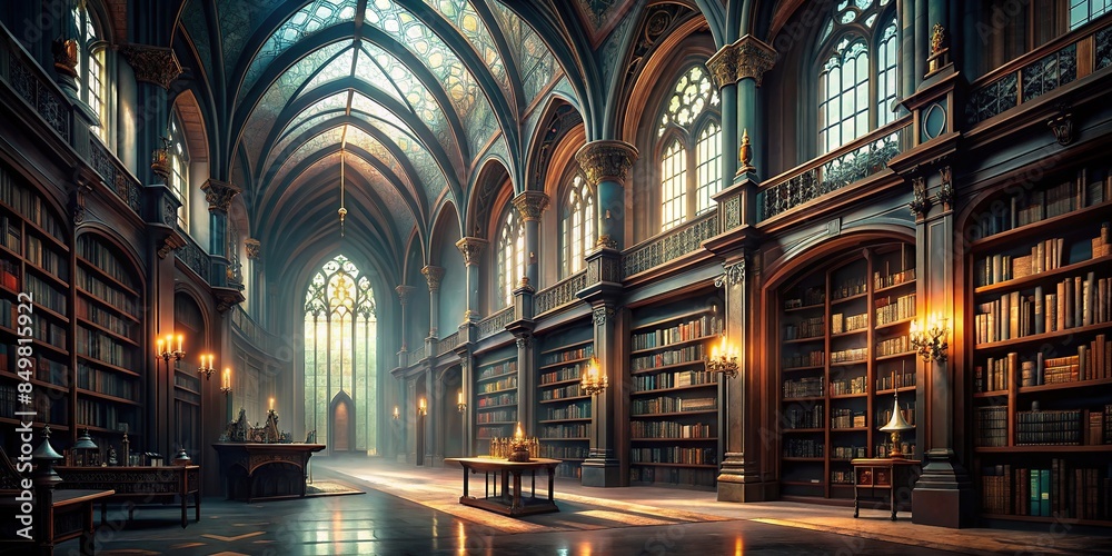 Creepy cathedral-inspired dark fantasy library interior, dark, fantasy ...