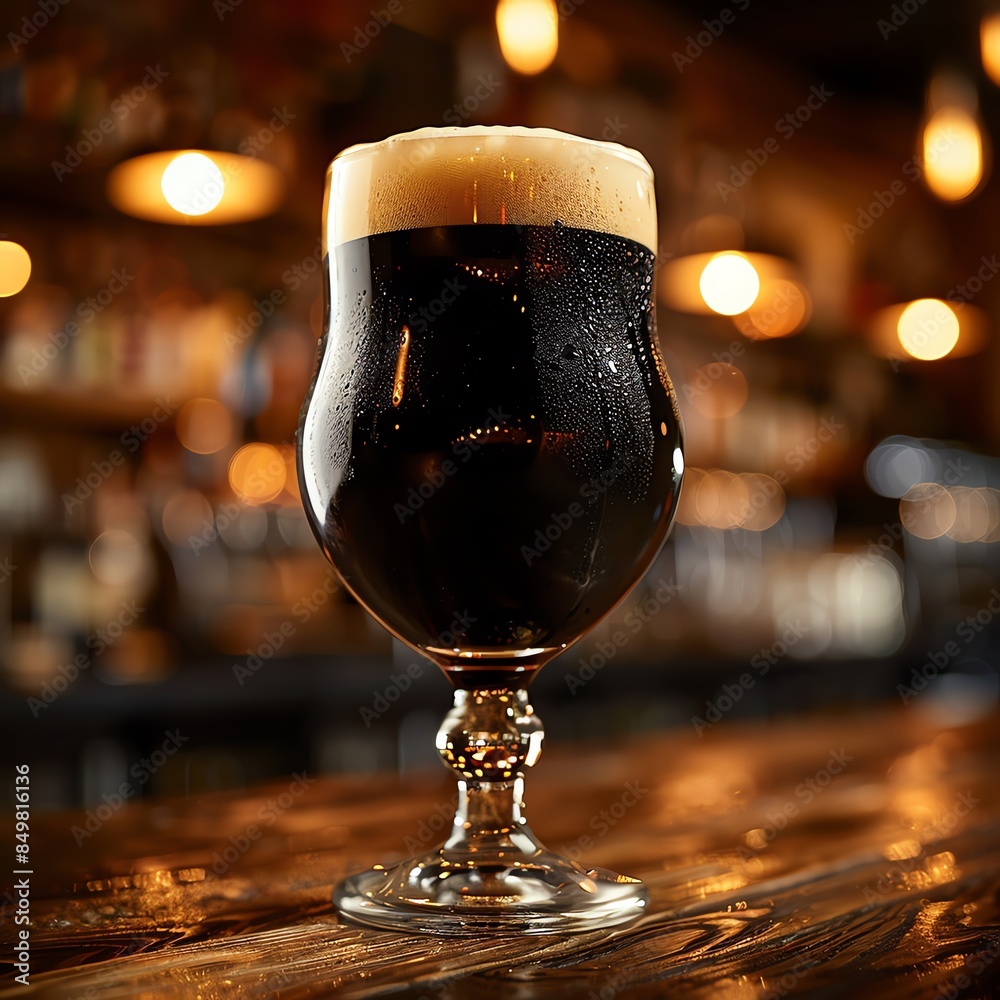 Dark stout beer in a glass, rich and creamy foam, cozy pub with dark ...