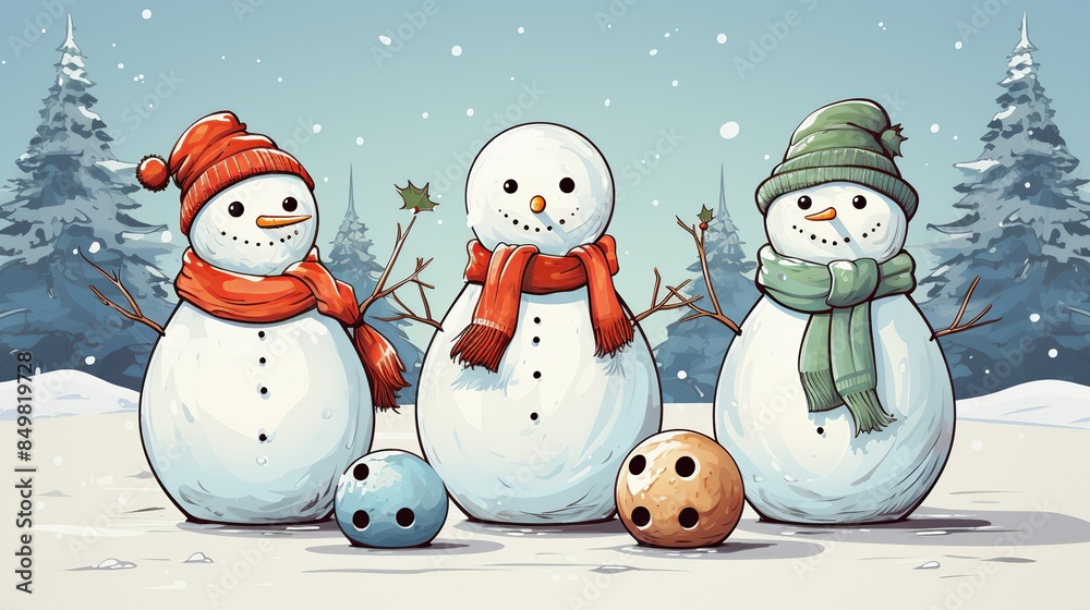 Snowman trio engaged in a friendly game of snowman bowling, their makeshift snowball pins ...