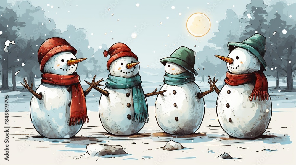 Snowman trio engaged in a friendly game of snowman bowling, their ...