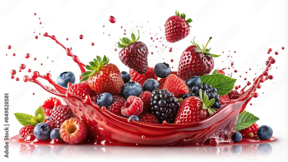 ภาพประกอบสต็อก Fresh juicy berry fruit mix splash with waves of red ...