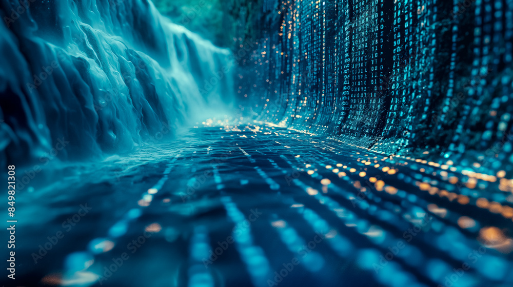 Dynamic Data Stream in Digital Waterfall, Futuristic Cyber Network Flow ...