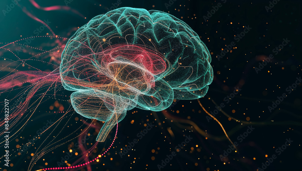 Digital Human brain with colorful lines leaving traces of lines and ...