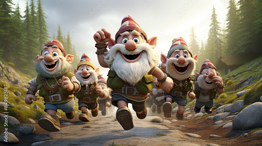 Gnomes competing in a friendly race through a mossy glen, their tiny ...