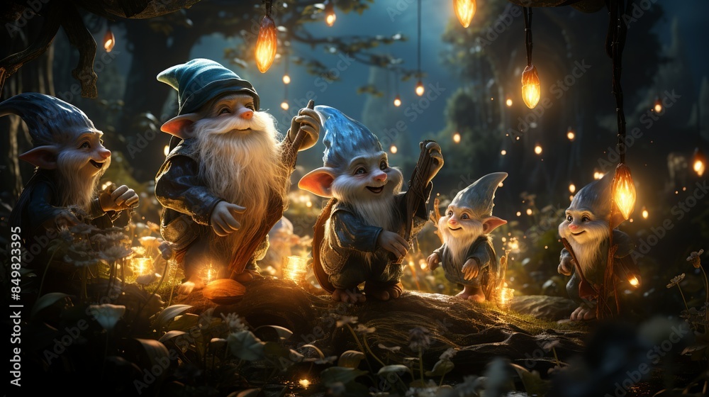 Gnomes practicing magic in a secluded grove, weaving spells with wands ...