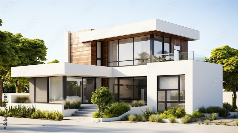 Small minimalist house with a clean, modern facade, featuring large ...