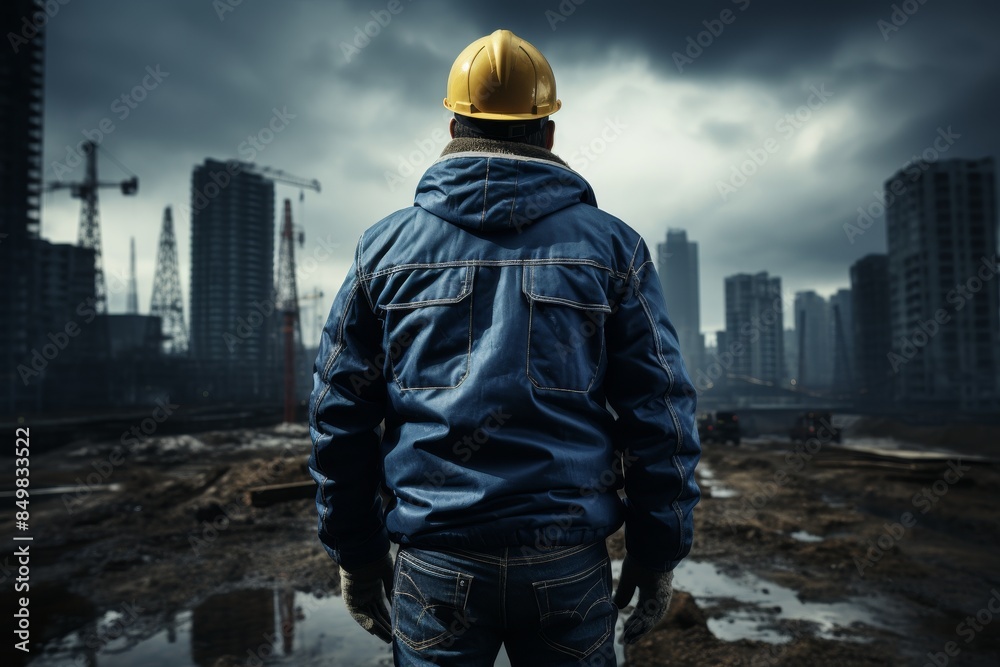 Foto de A construction worker in a hard hat stands at a destroyed city ...
