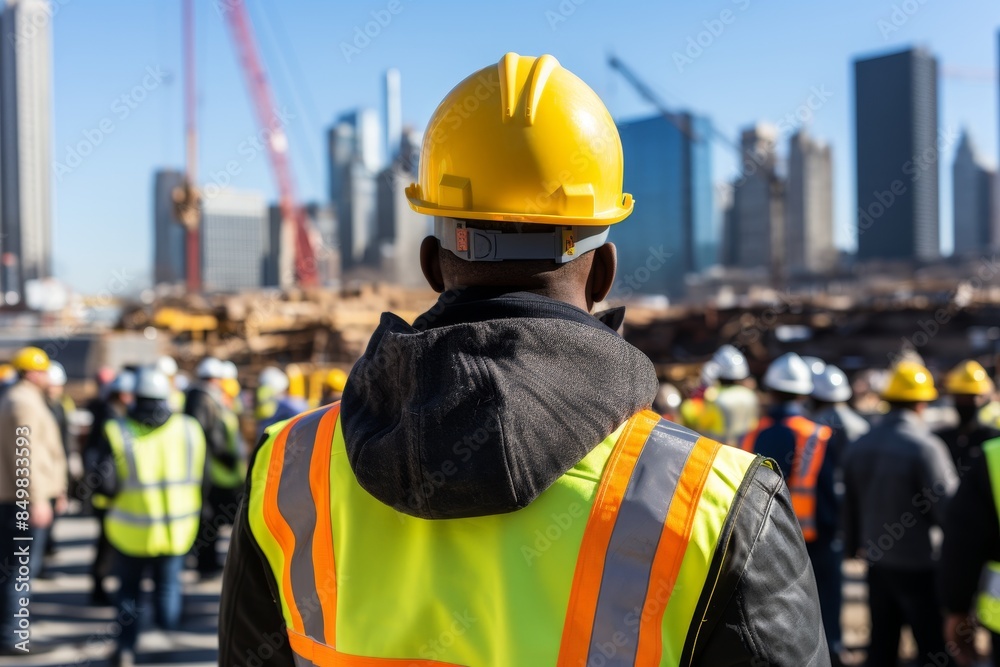 African-American construction worker in yellow hard hat and safety vest ...