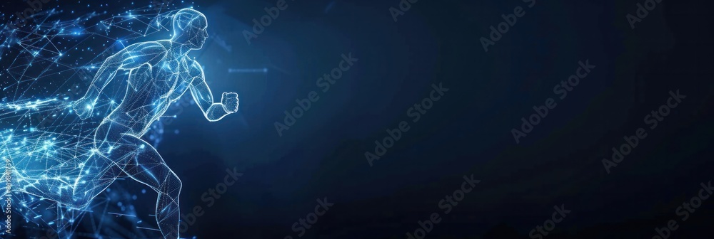 Sports and technology background. Abstract running man form lines and triangles, point ...
