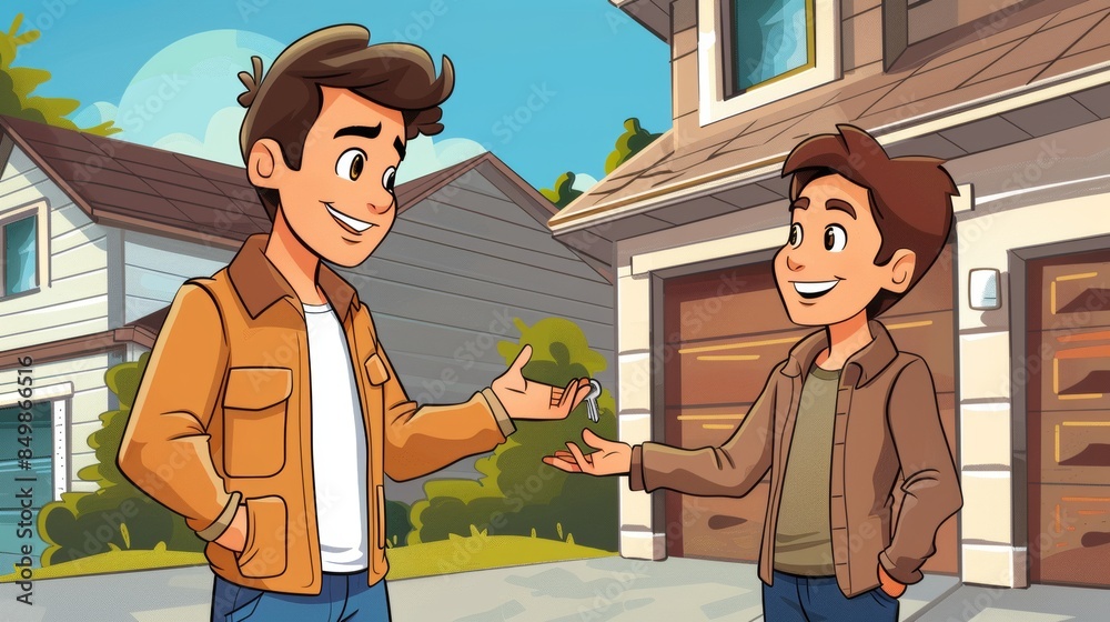 Cartoon vector real estate agent handing over house keys to a new ...