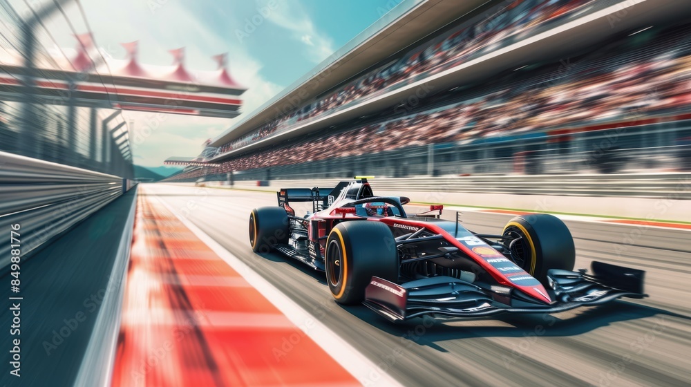 Racing car moving at high speed along racetrack with high speed and ...