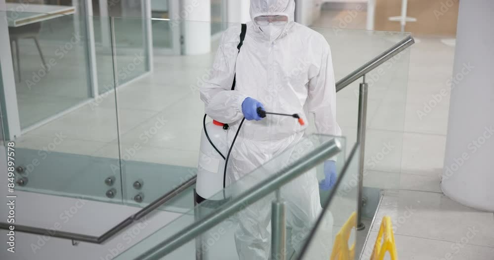 Man, hazmat suit and chemical for cleaning on stairs, pandemic and ...