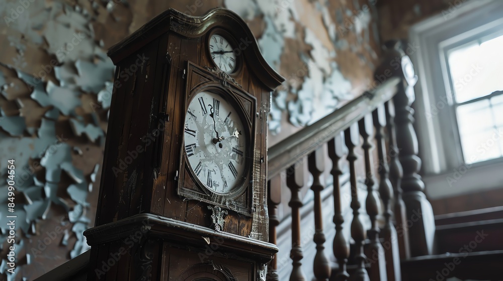 An antique wooden grandfather clock, with two clocks on each side of ...