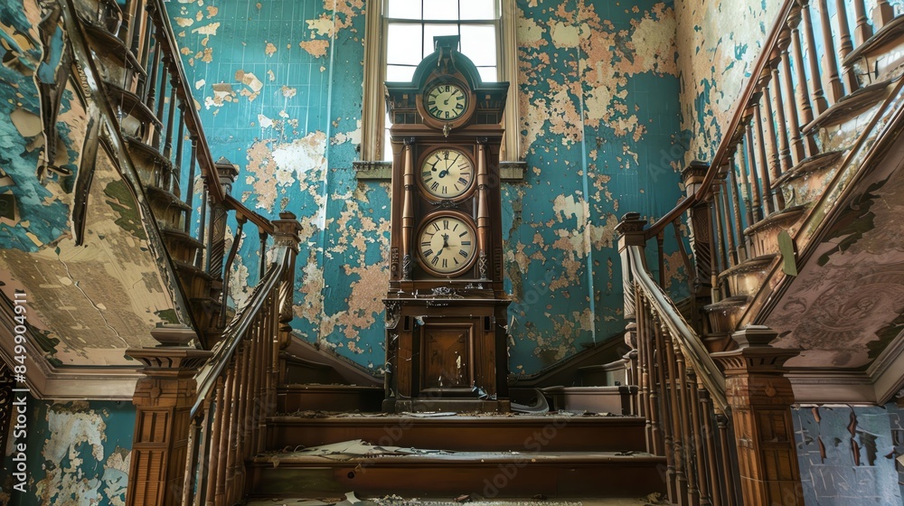 A large, ornate wooden grandfather clock on the staircase of an ...
