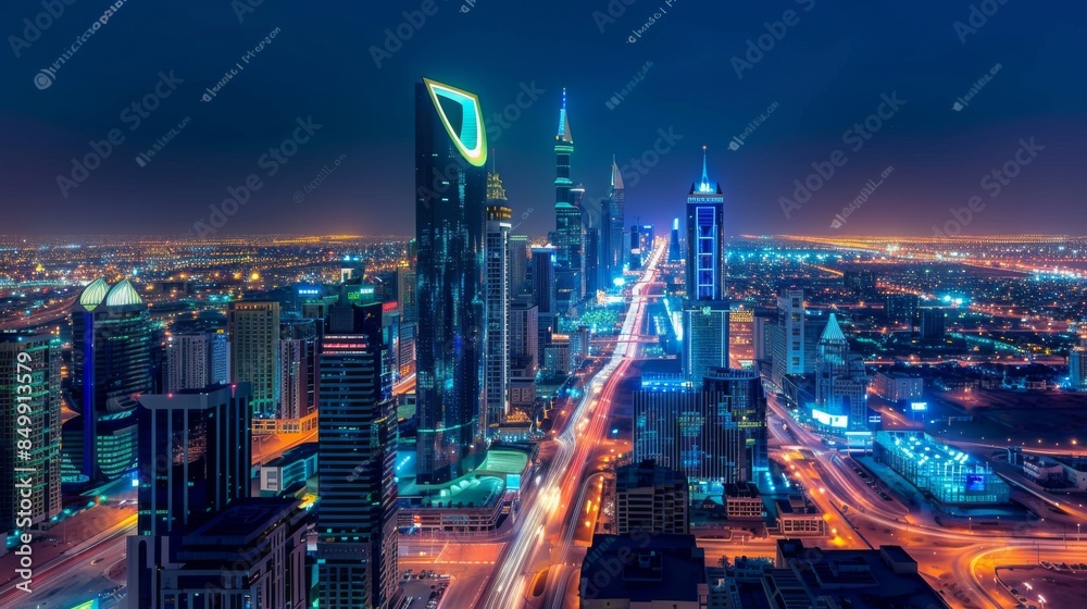 Night View of Illuminated Saudi Arabian City Skyline with Vibrant ...