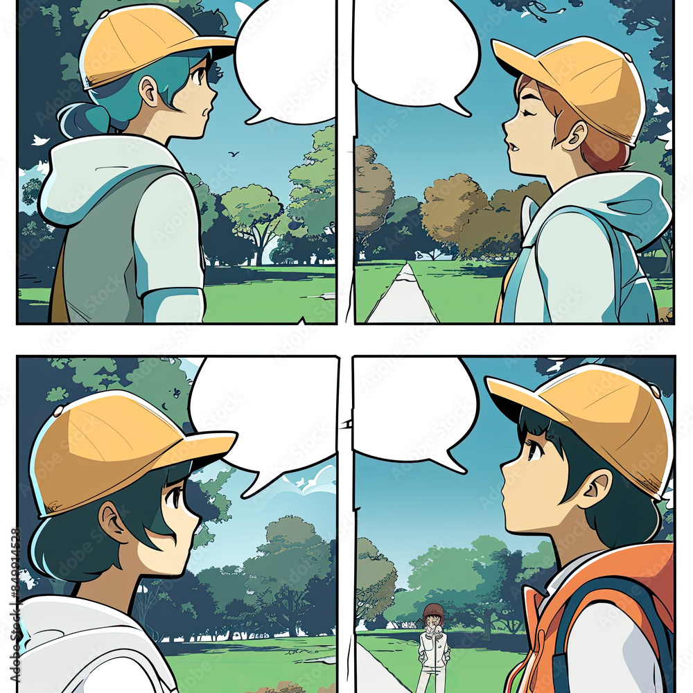 Four-panel comic, blank speech bubbles, park setting, square ratio ...