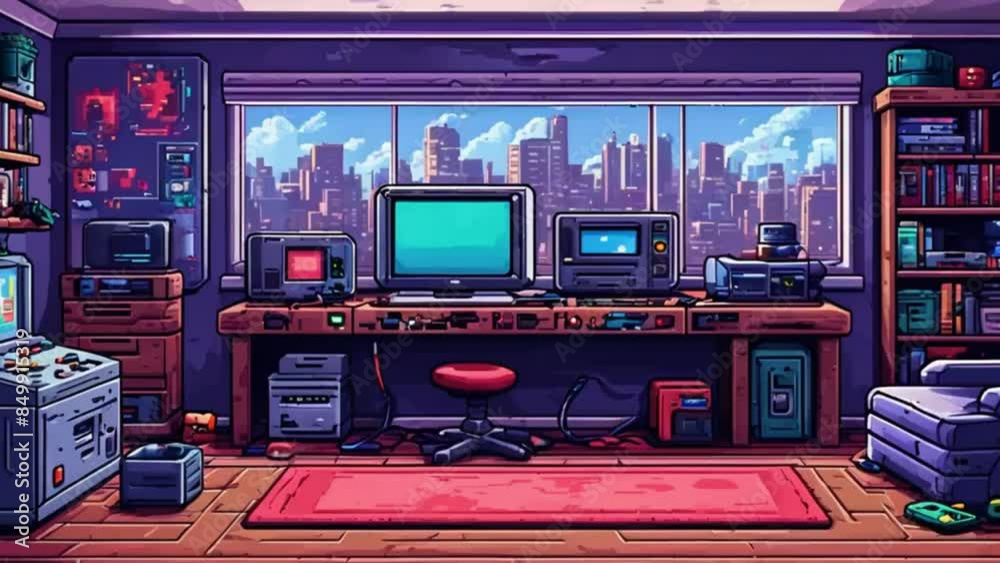 Pixel art game room, bedroom with video game consoles, background in retro style for 8 bit game ...