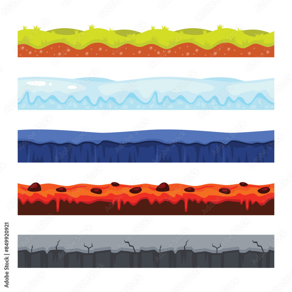 Set of seamless ground border frame, game background cartoon landscape ...
