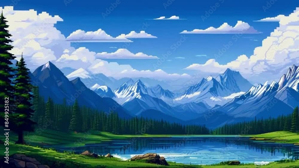 Video game background landscape with mountains and forests in 16 bit ...