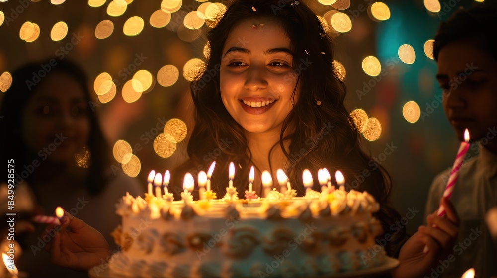 At a birthday party at night on a beautiful bokeh background, a teenage ...