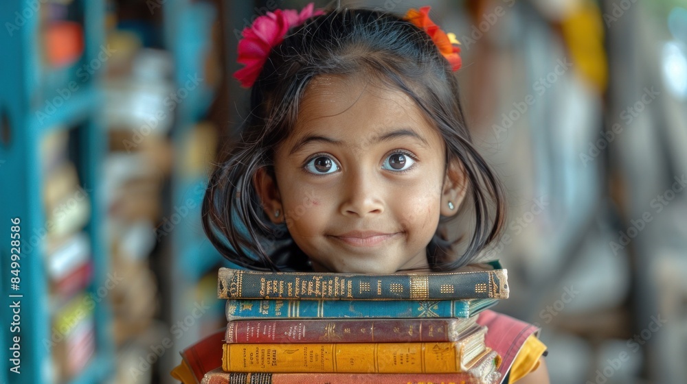 A little girl student in rural area smiling looking at camera at rural ...