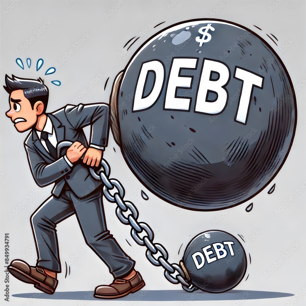 This vivid illustration captures a businessman struggling to drag a ...