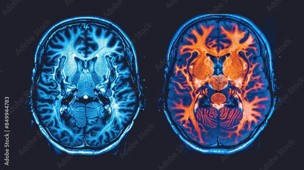 Two brains, one blue and one red, with a pinkish purple color. The blue ...