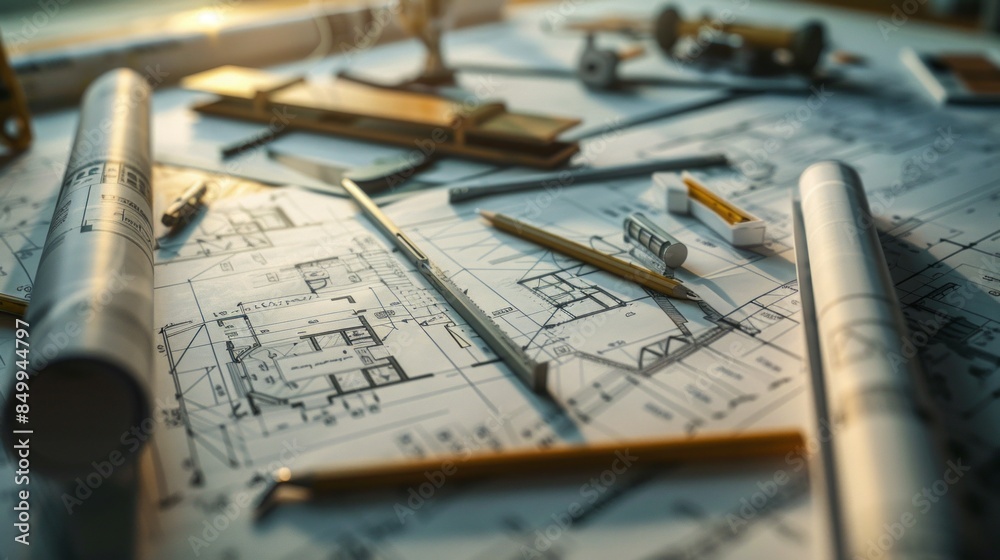 Architectural Blueprints: Depict a scene of architectural blueprints ...