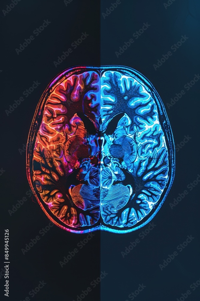 Two brains, one blue and one red, with a pinkish purple color. The blue ...