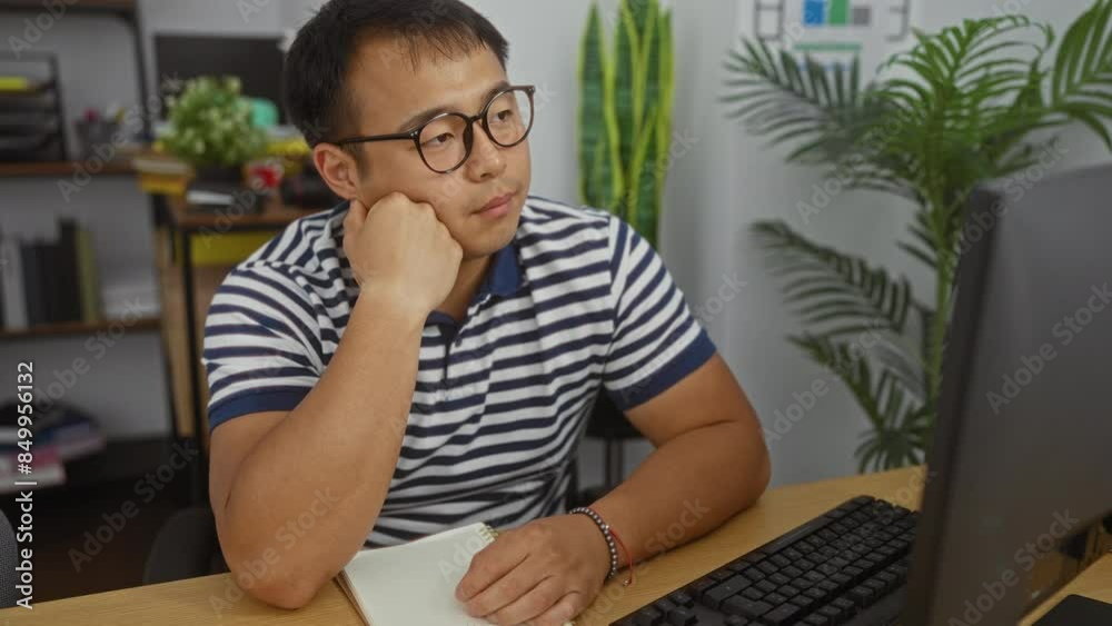 Young chinese man in striped shirt working at an office desk with a ...