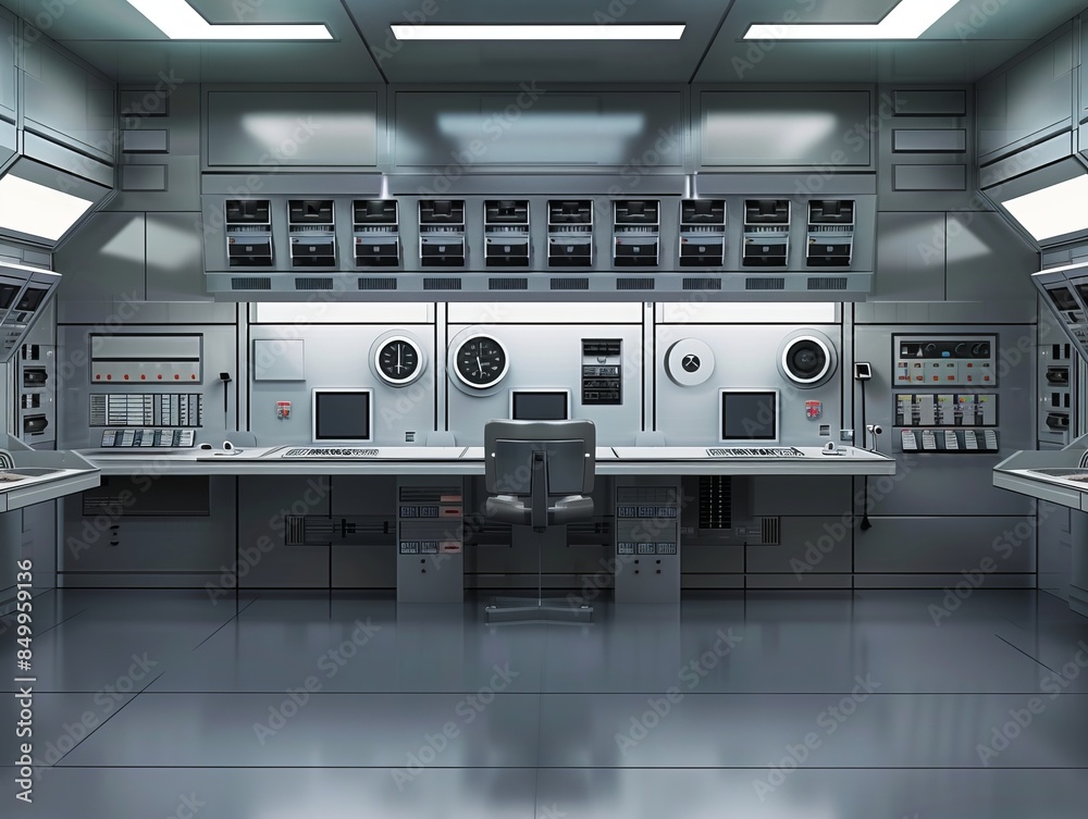 A detailed depiction of a particle accelerator control room, front view ...