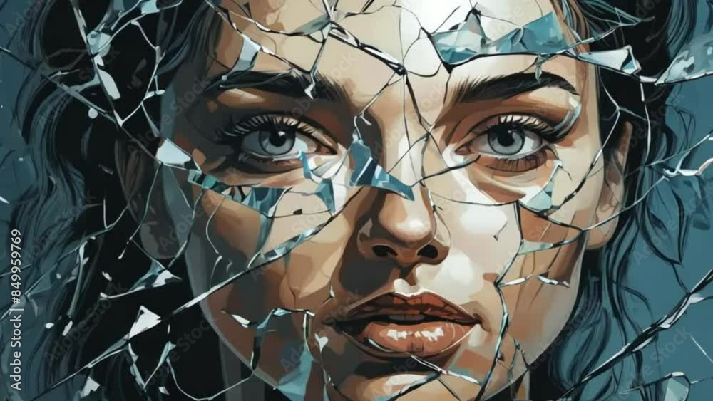 A woman's face is reflected in a broken mirror. The concept of ...