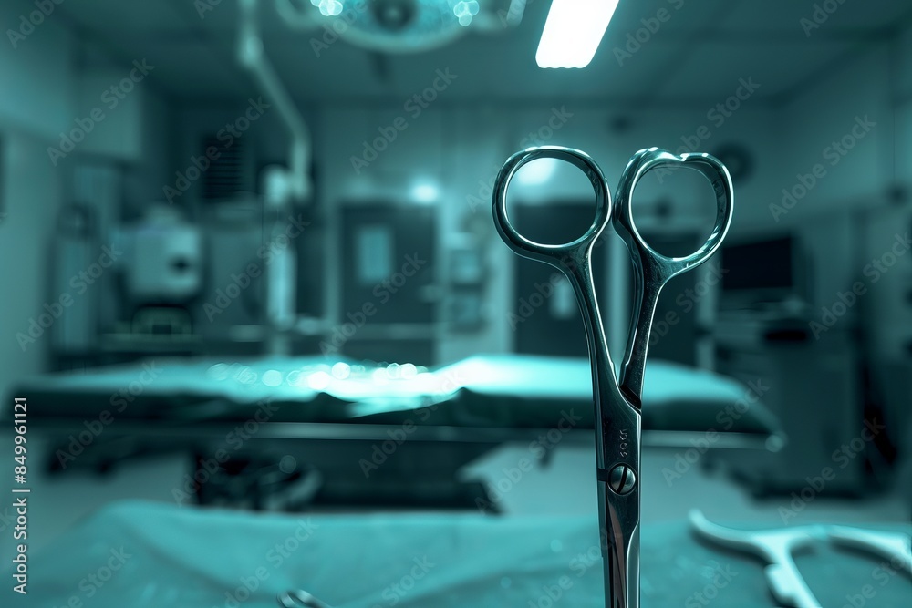 Surgical scissors in a sterile medical setting, front view, emphasizing ...