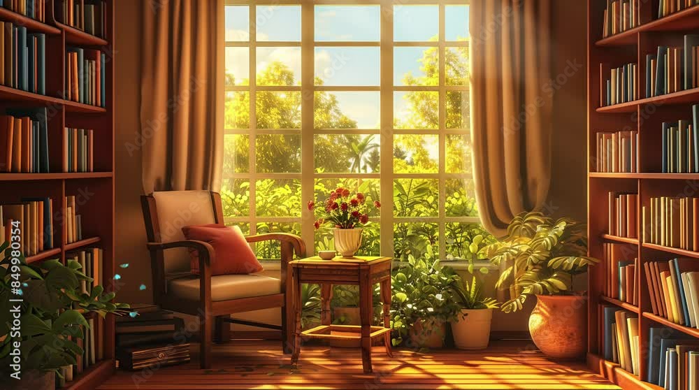 Library room with table and sofa bathed in streaming light from window ...