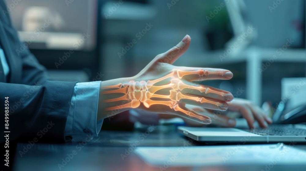 An office worker experiencing wrist pain from typing, shown with an x ...